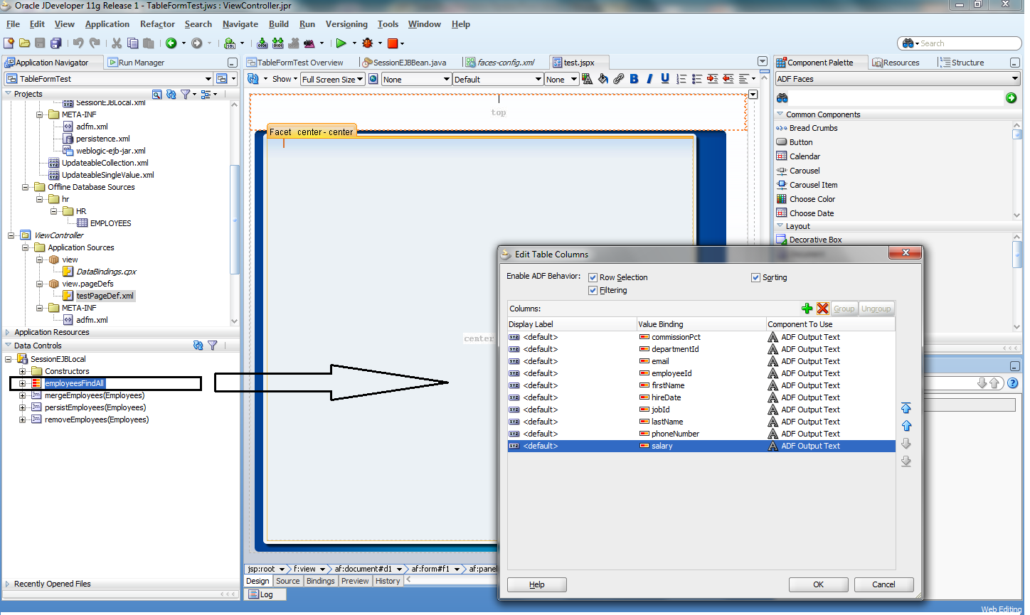 ADF Table Row Selection Event Update Form